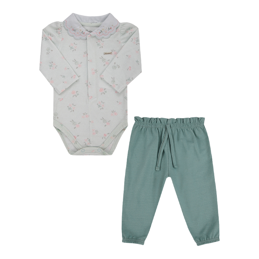 Conjunto Bebê Menina Body Bordado Estampa Flor E Calça