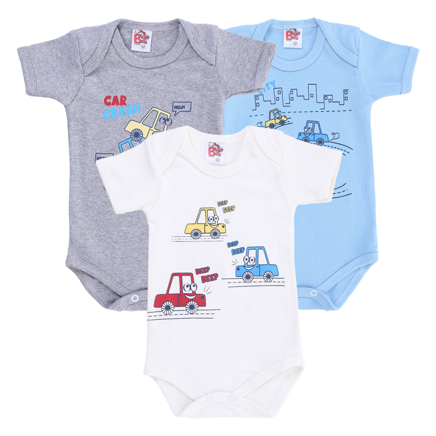 Kit Body Bebê Baby Bee Manga Curta Carros 3 Peças